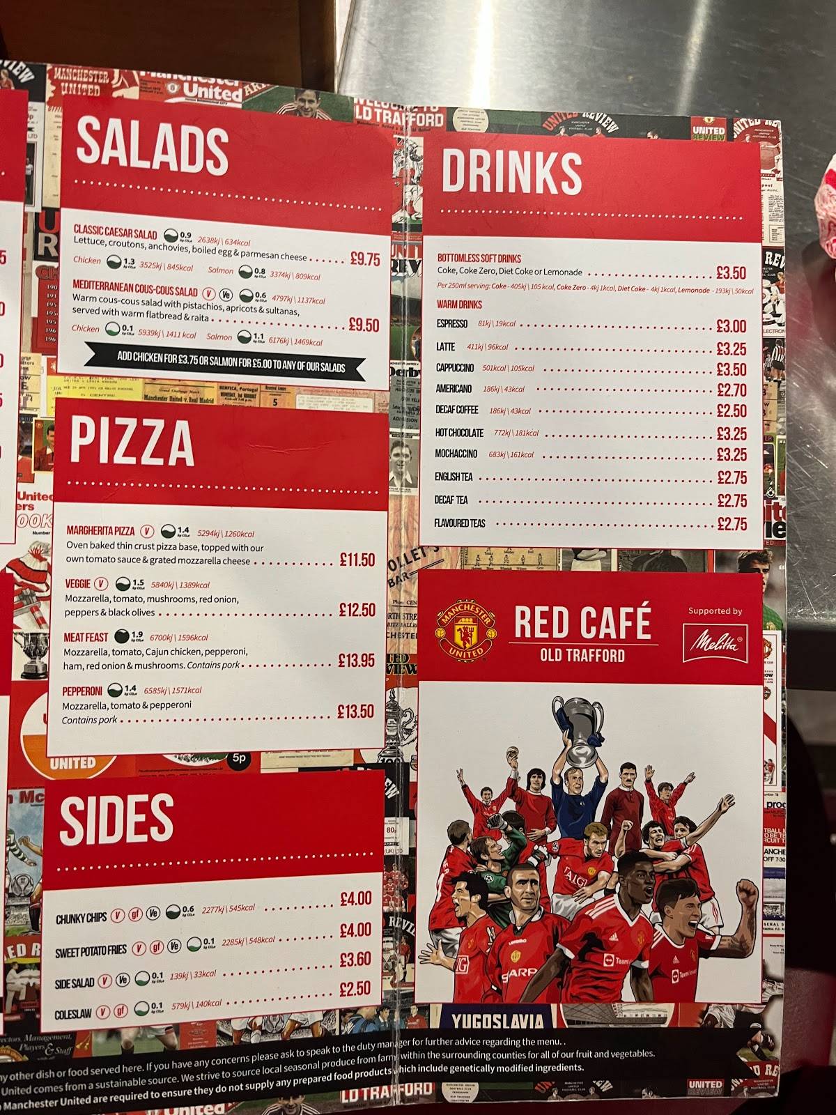 Menu at Red Café at Old Trafford cafe, Manchester, Stadium