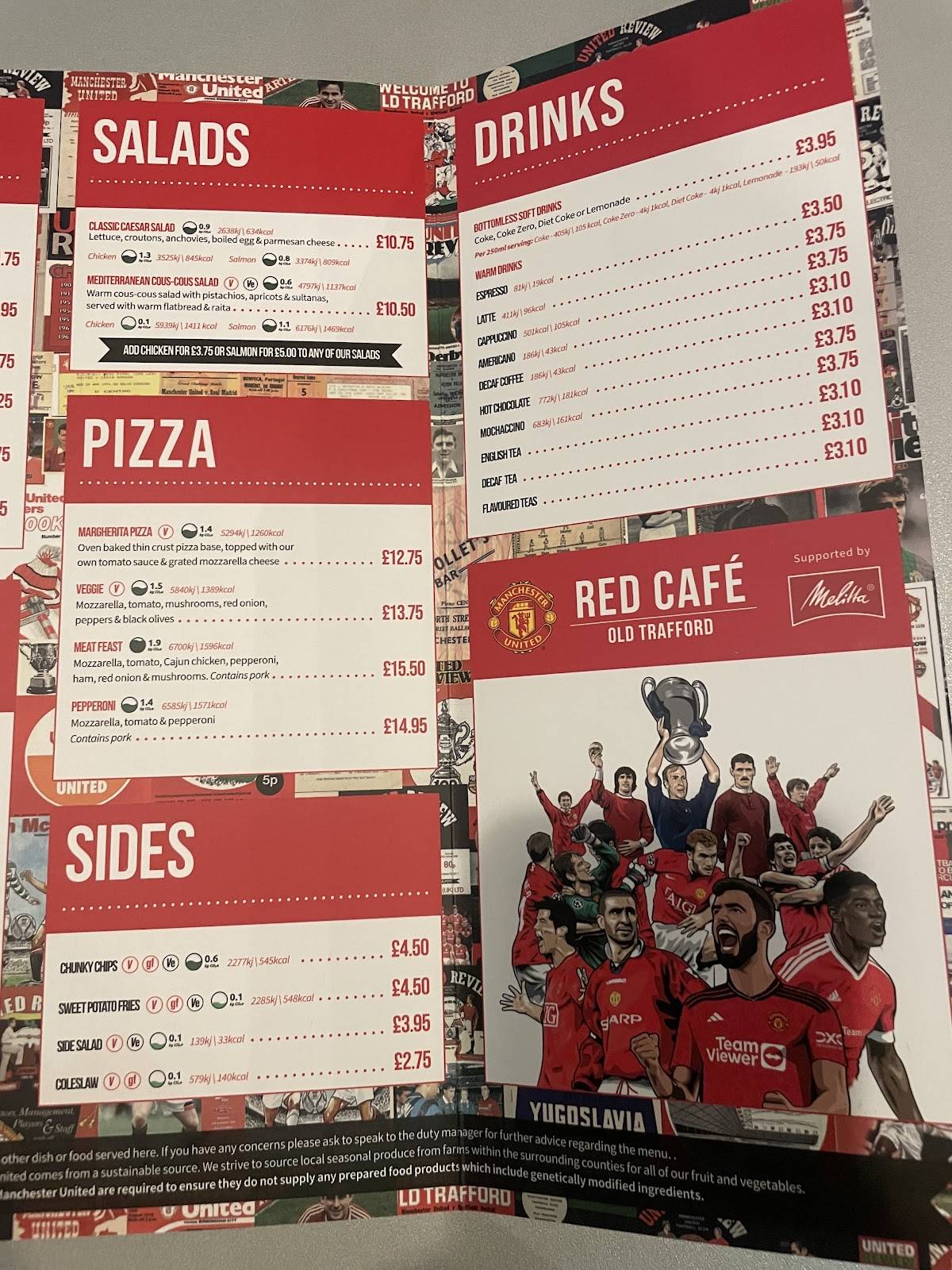 Menu at Red Café at Old Trafford cafe, Manchester, Stadium