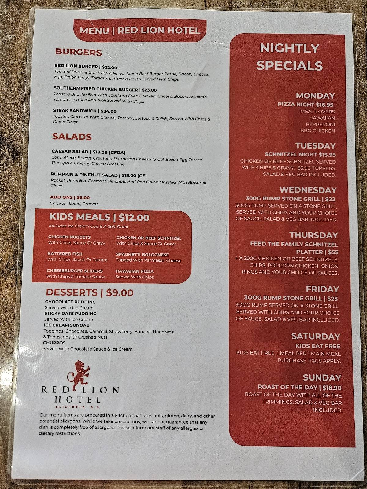 Menu at Red Lion Hotel pub & bar, Elizabeth North