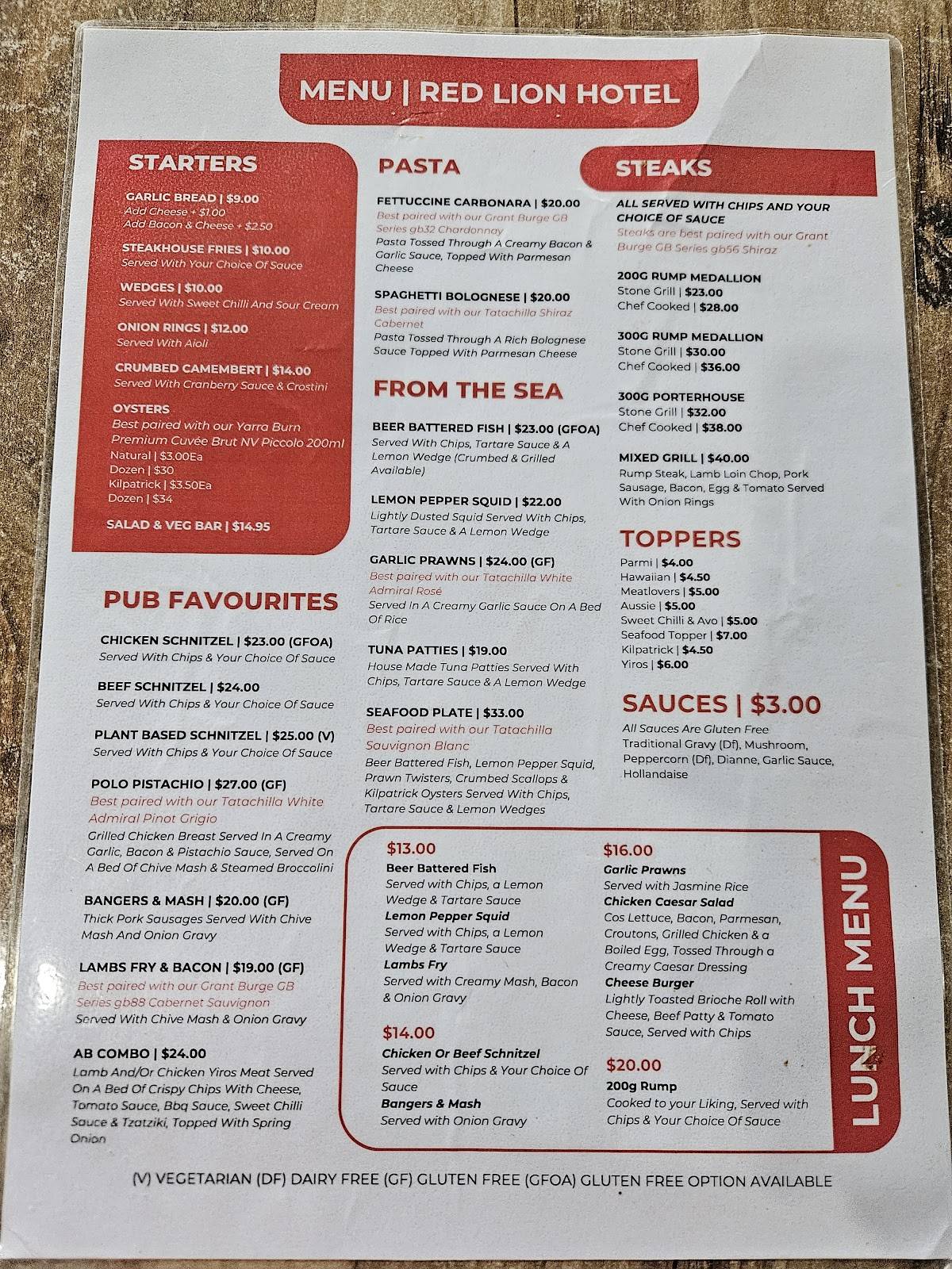 Menu at Red Lion Hotel pub & bar, Elizabeth North