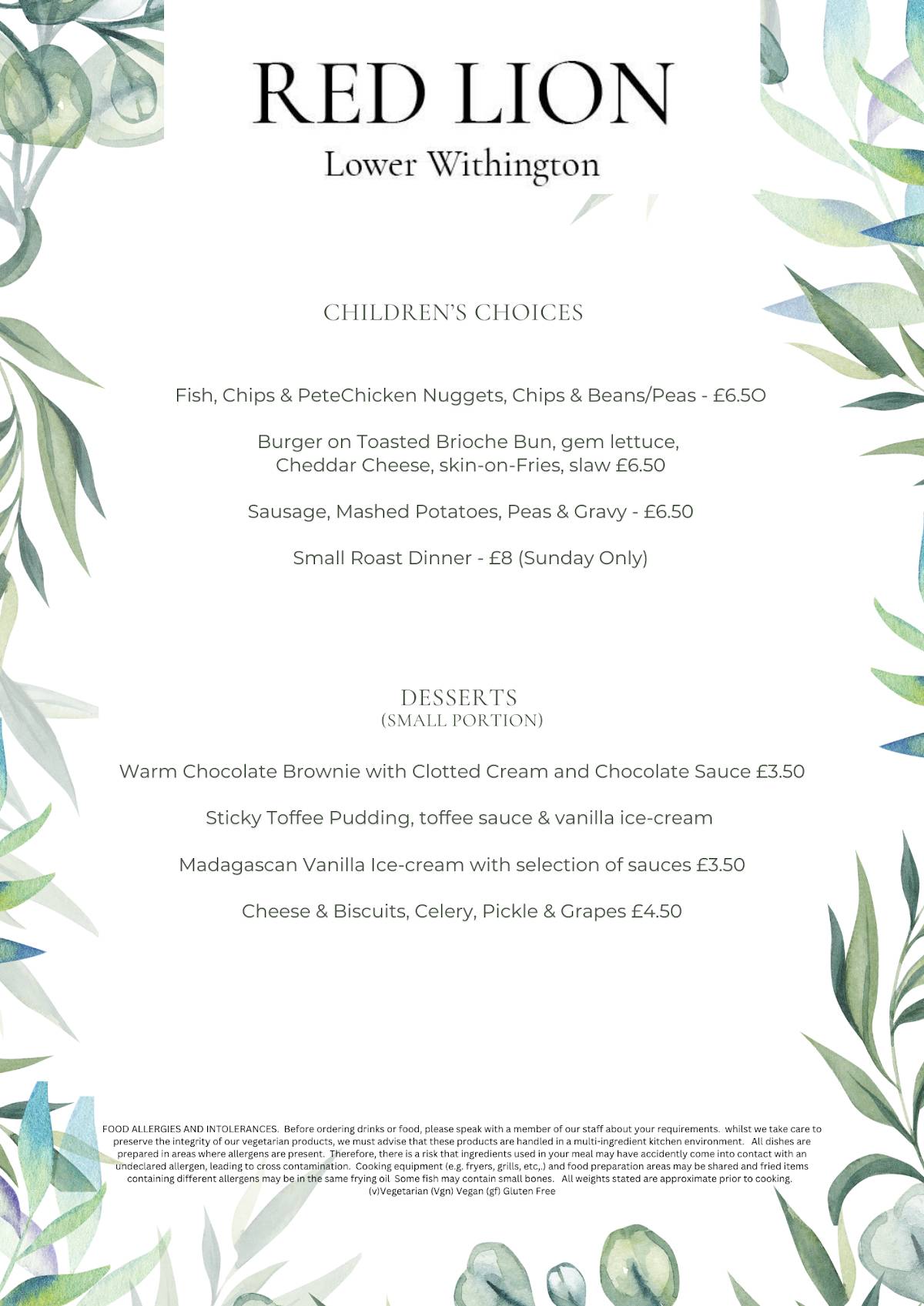 Menu at Red Lion, Lower Withington pub & bar, Lower Withington