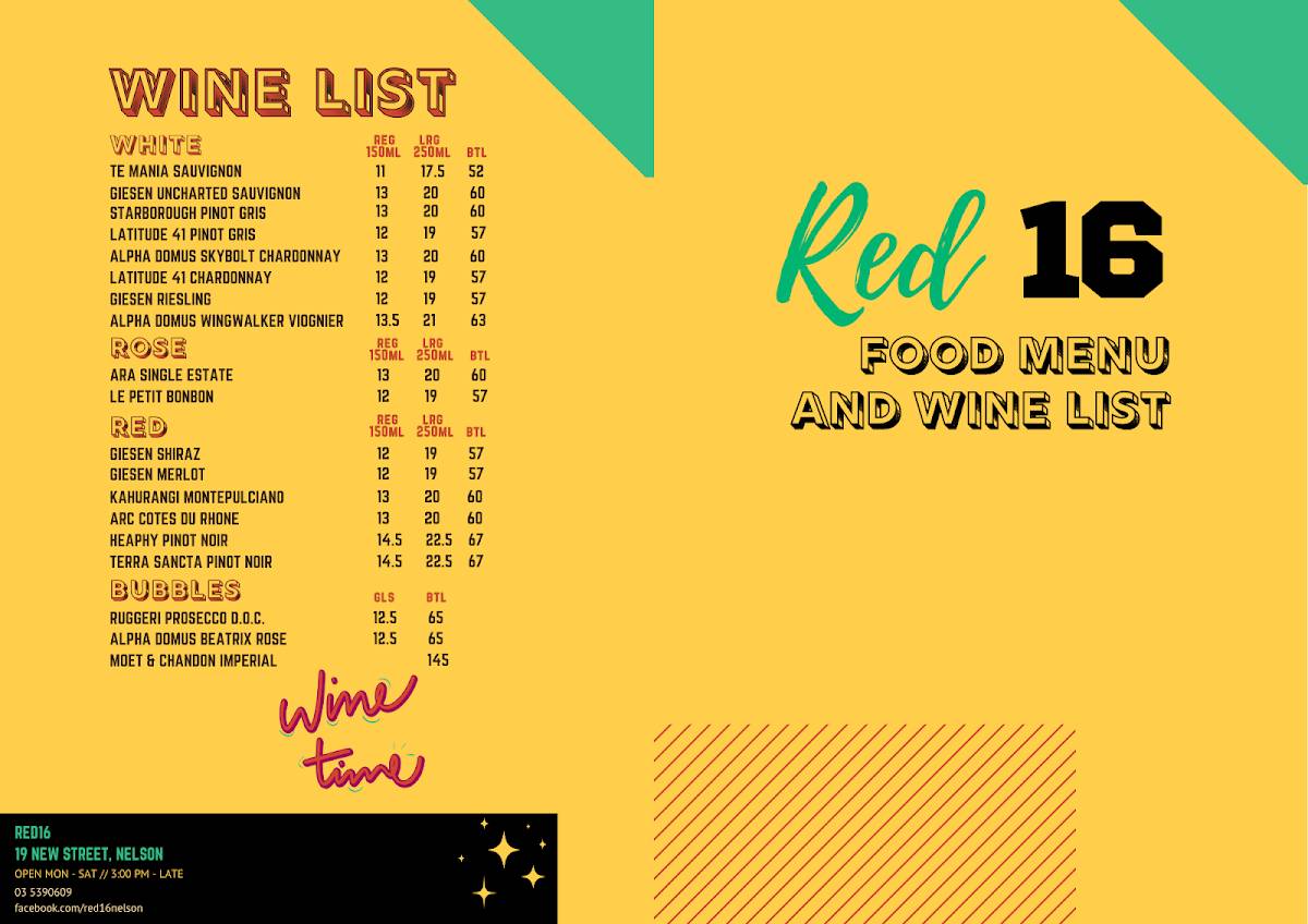 Menu at Red16 pub & bar, Nelson