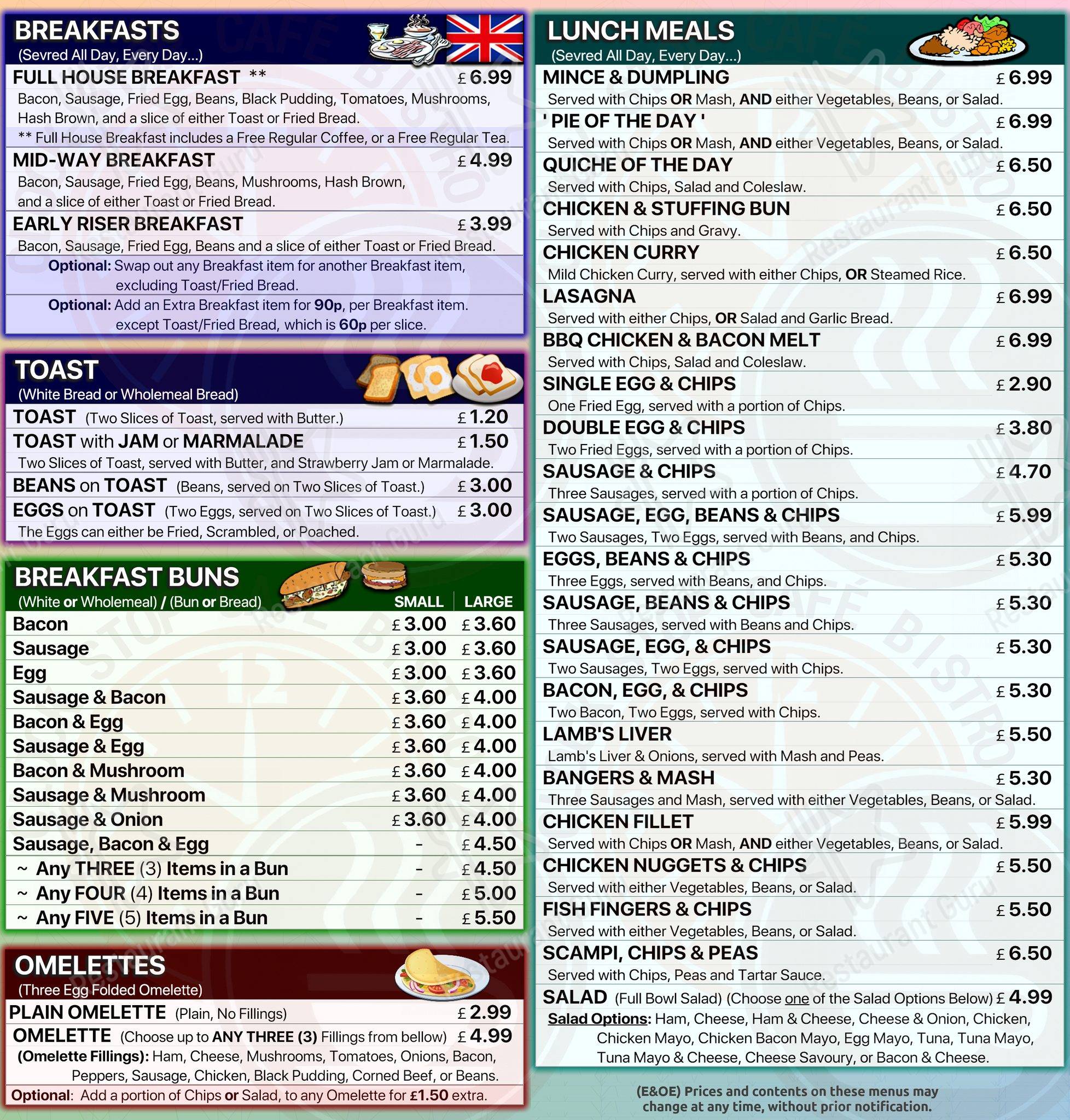 Menu at Clock Stop Cafe Bistro, Redcar, West Terrace