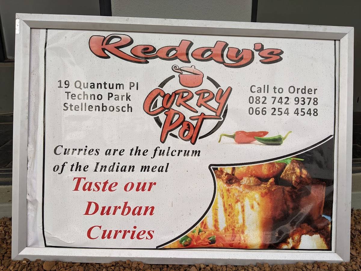 Menu at Reddy's Curry Pot restaurant, Stellenbosch