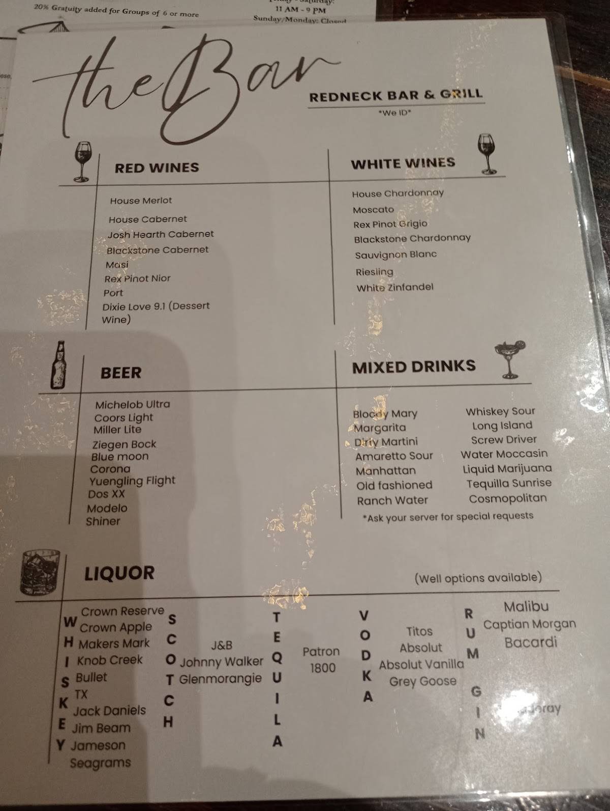 Menu at Redneck Bar & Grill, Sulphur Springs
