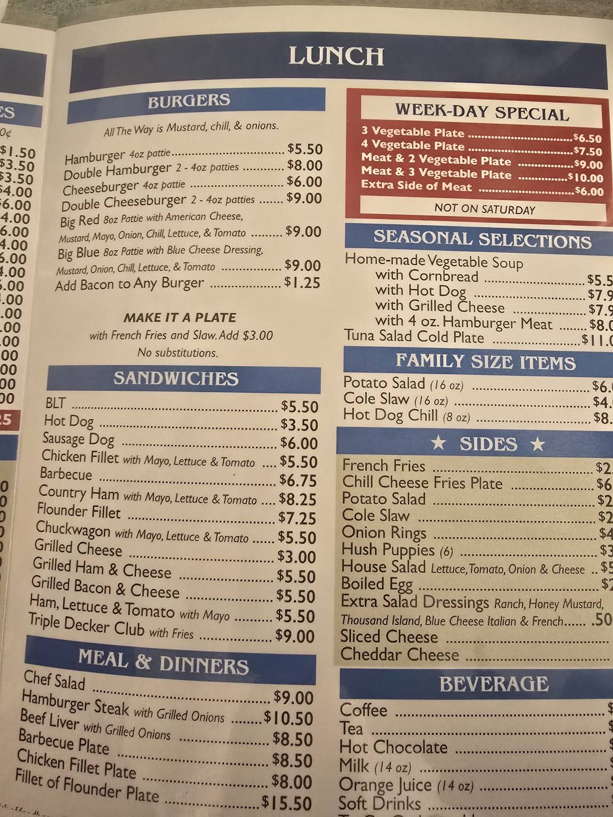 Menu at Red's Grill restaurant, Rock Hill