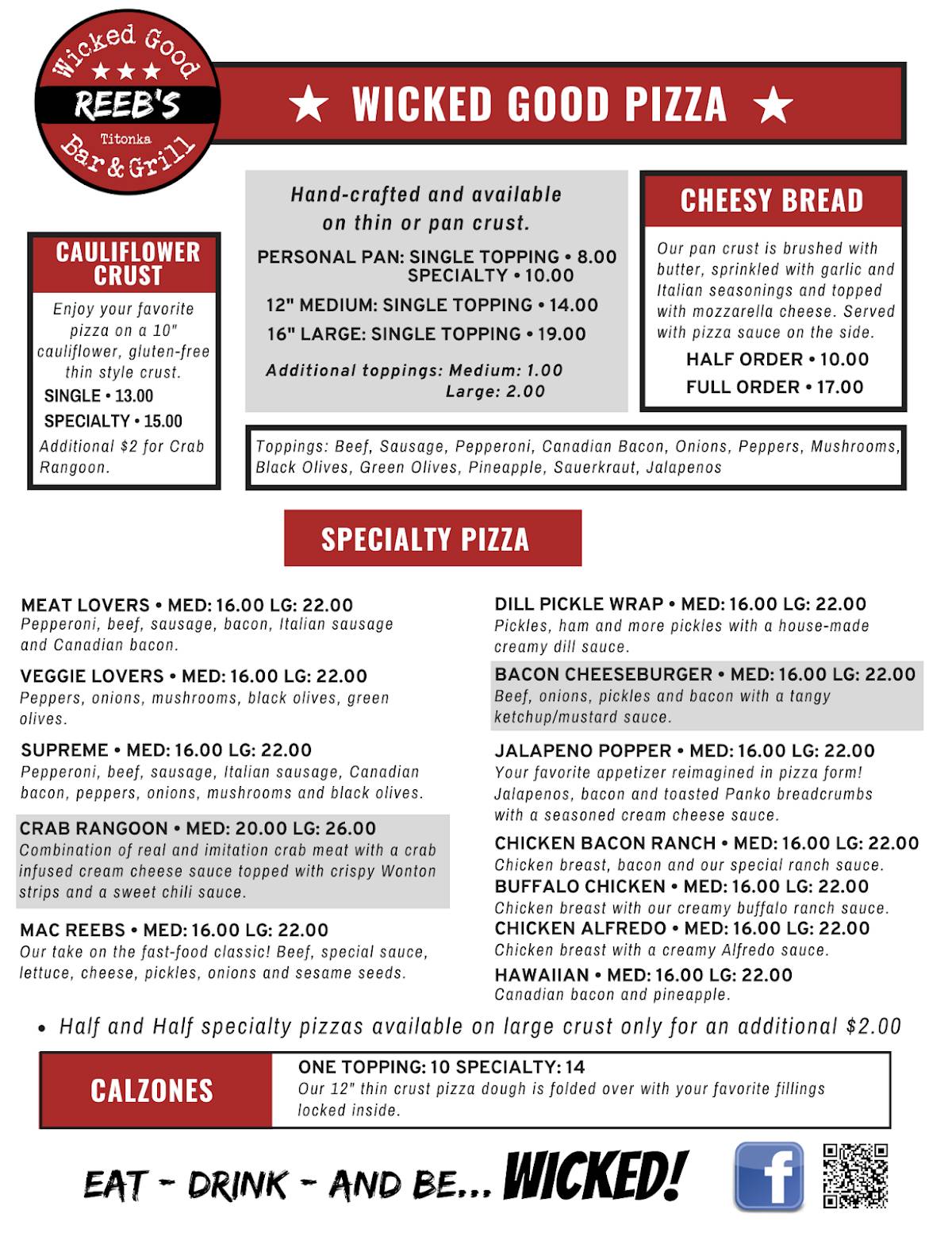 Menu at Reeb's Wicked Good Bar & Grill, Titonka