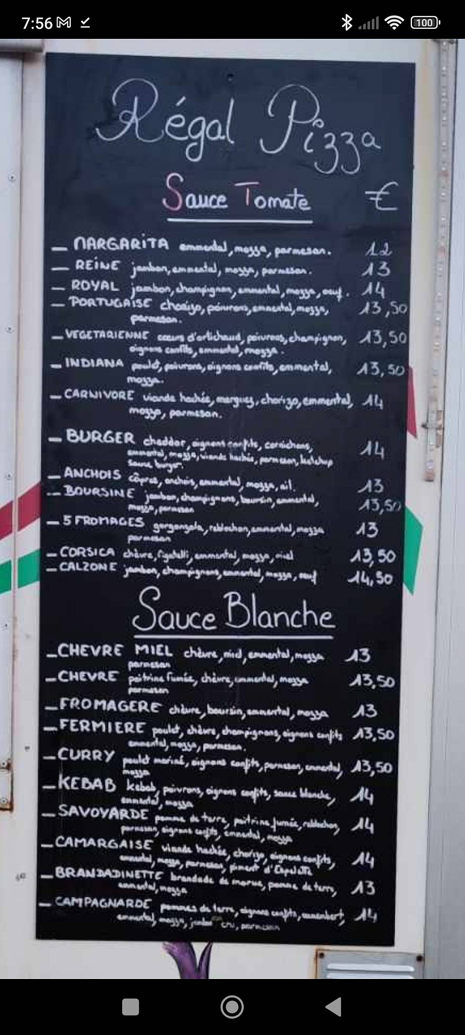 Menu at Régal pizza restaurant, Nimes