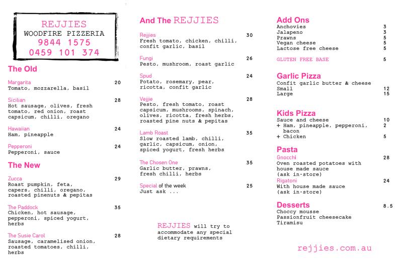 Menu at Rejjies Woodfire Pizzeria, Bayonet Head