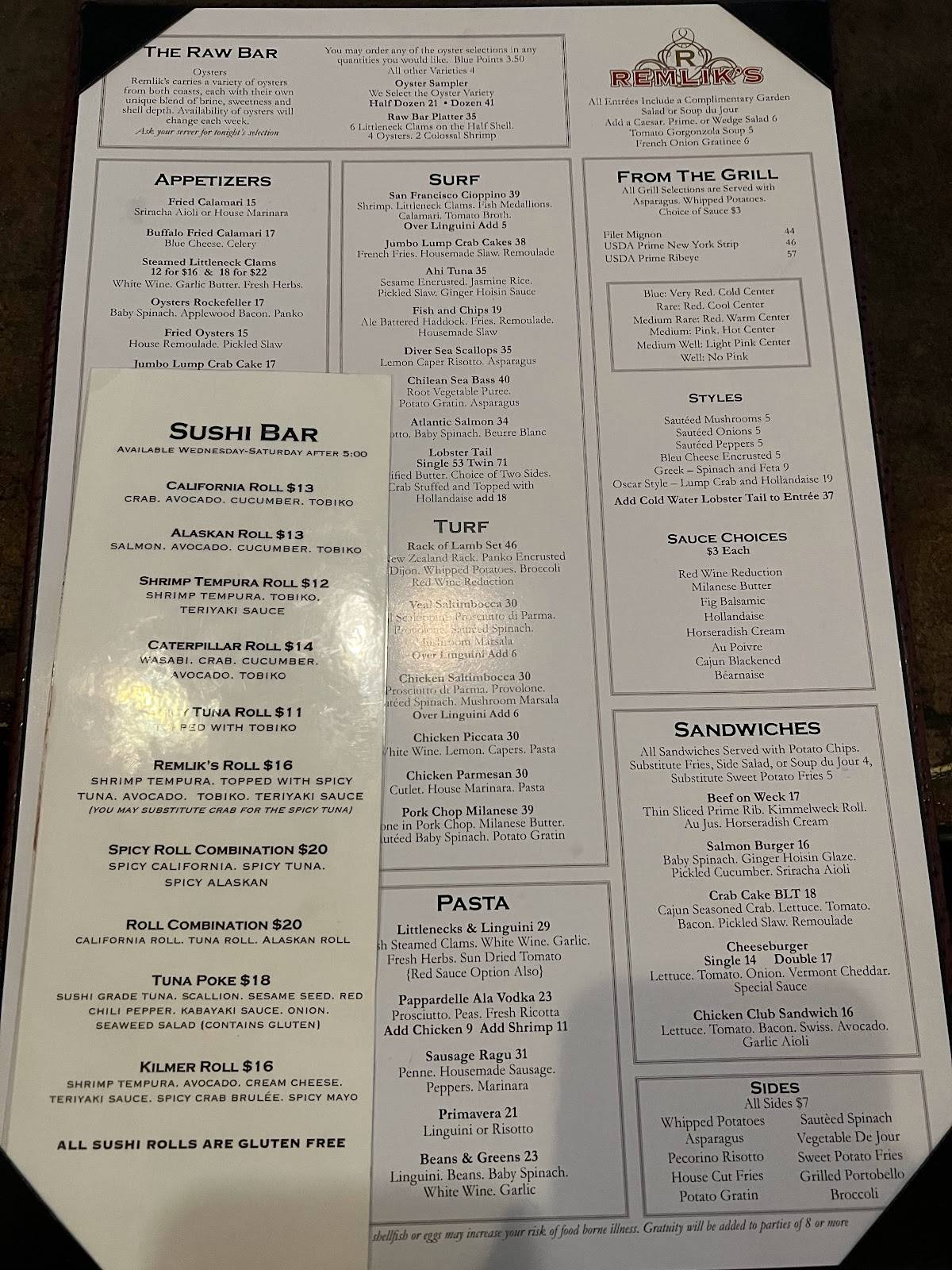 Menu at Remlik's Grille & Oyster Bar, Binghamton