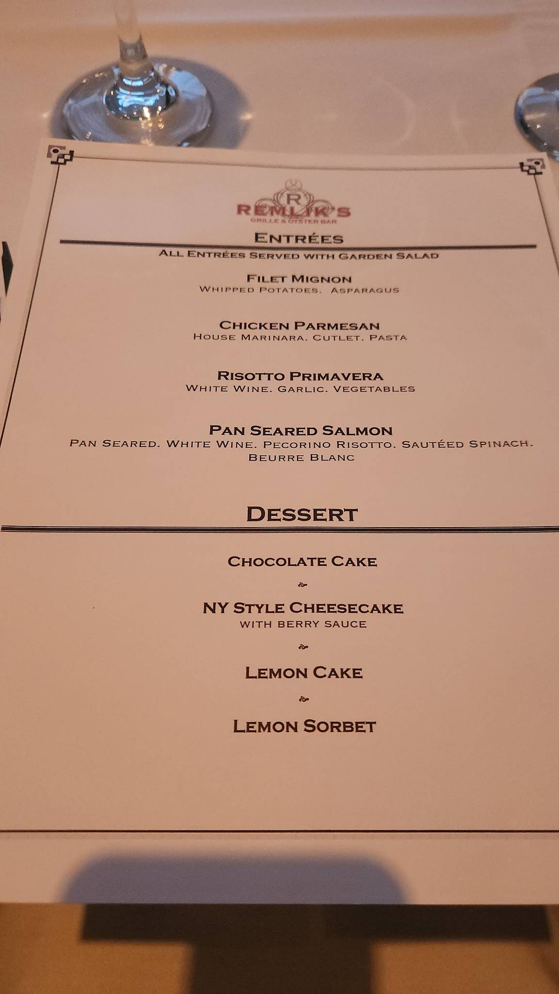 Menu at Remlik's Grille & Oyster Bar, Binghamton