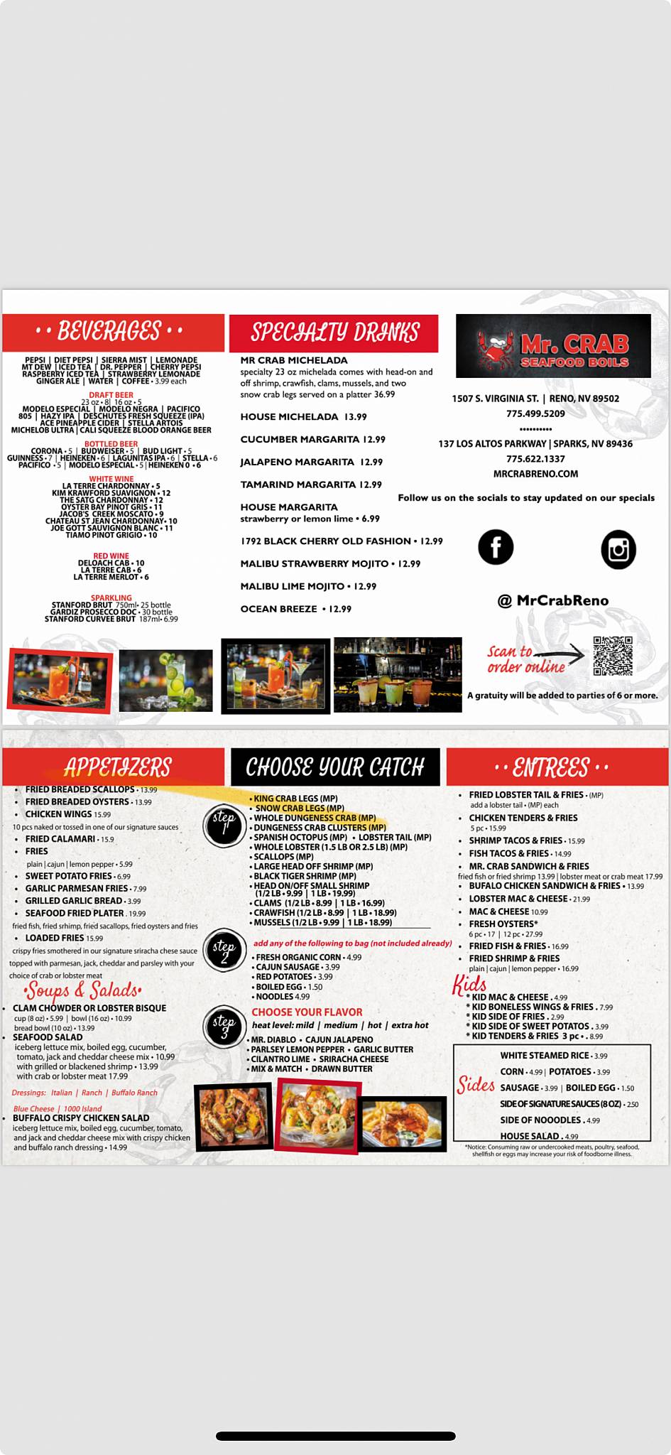 Menu at Mr. Crab Seafood Boils restaurant, Reno