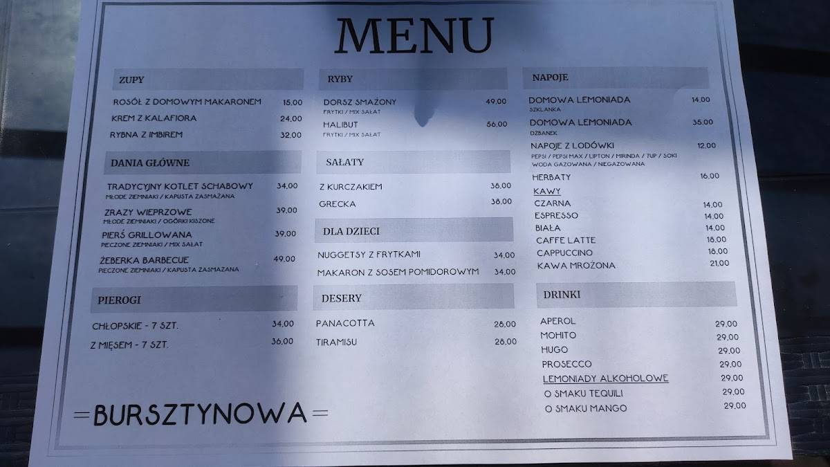 Menu at Restauracja Bursztynowa restaurant, Leba