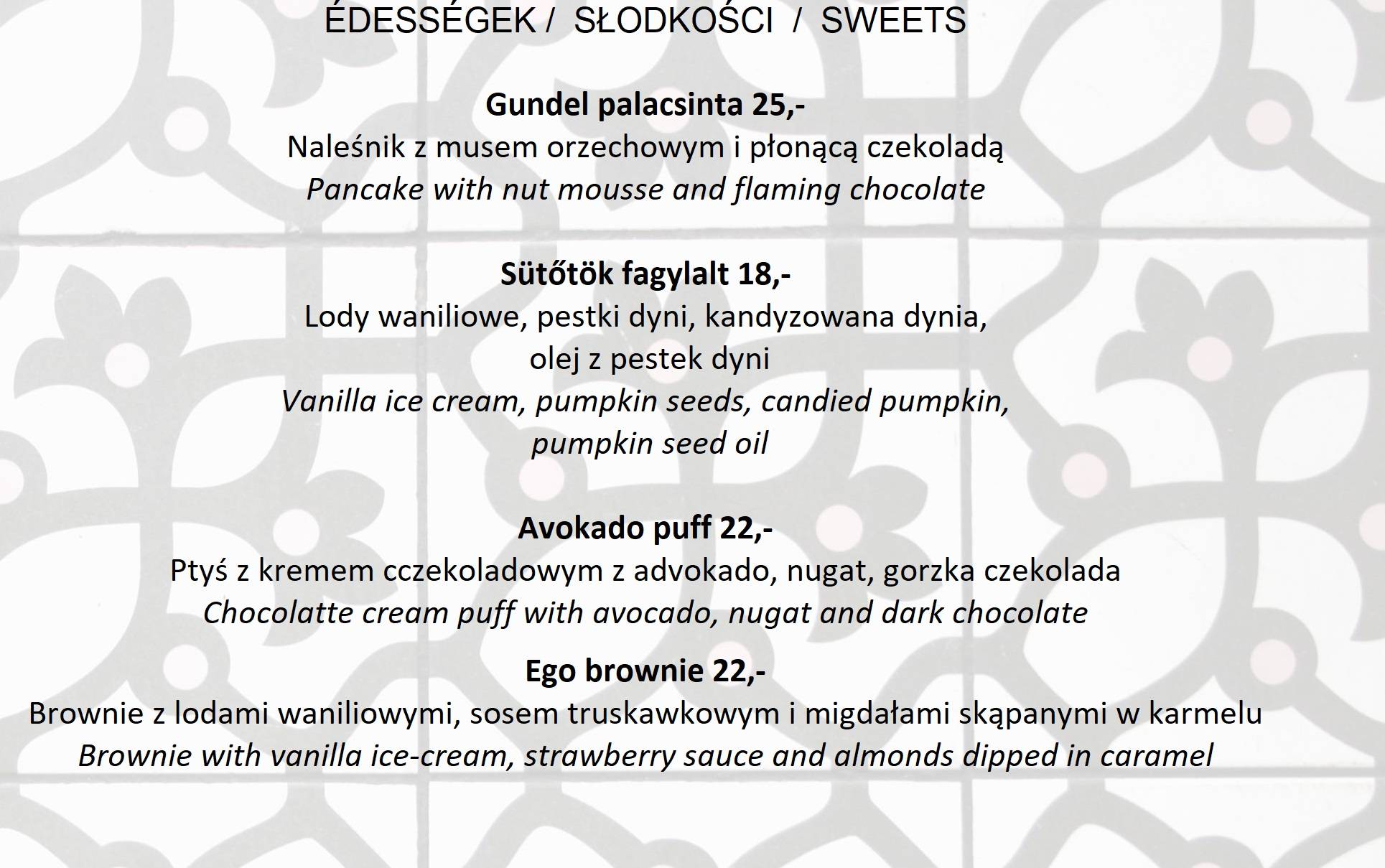 Menu at Borpince restaurant, Warsaw