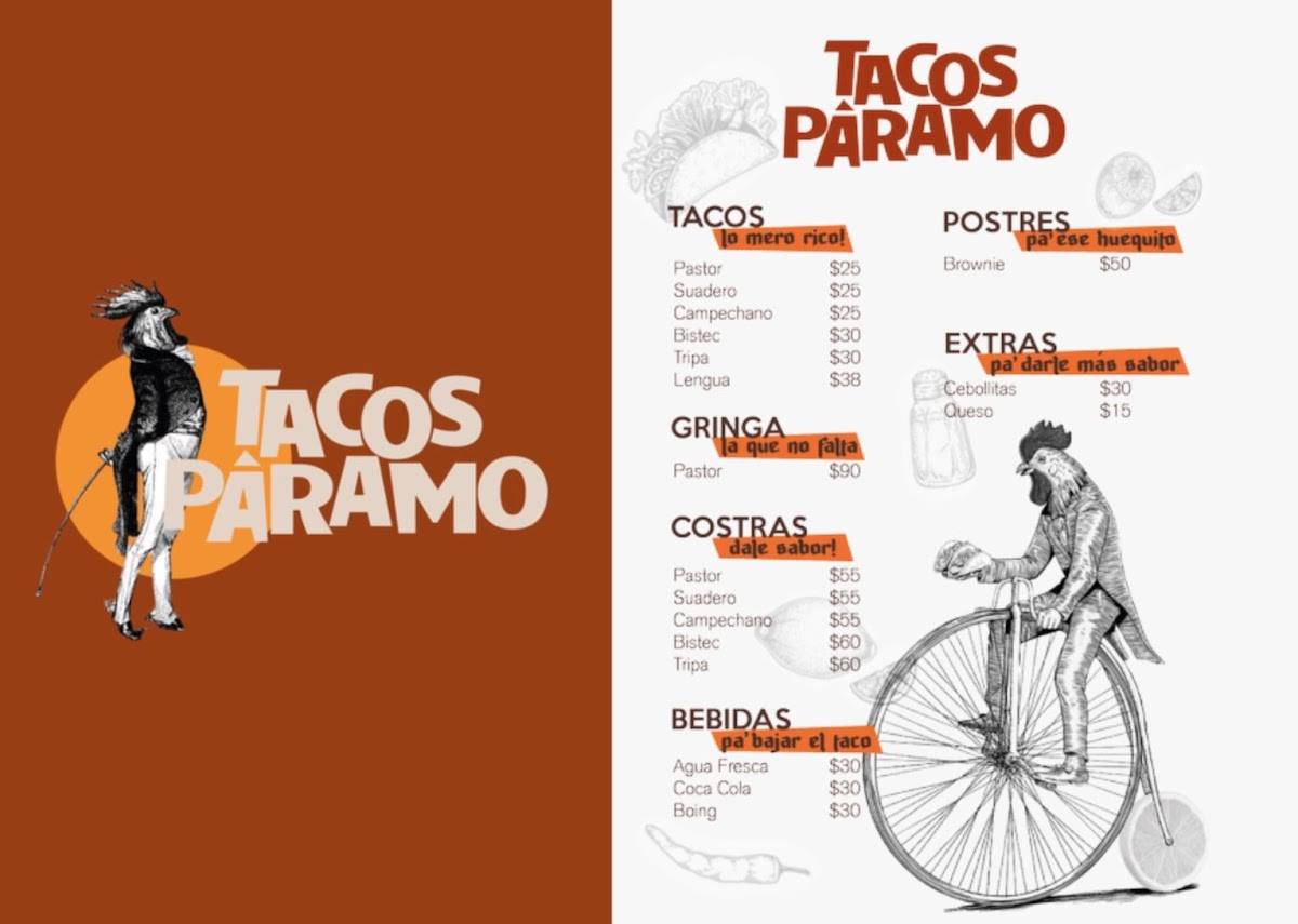 Menu at Tacos Páramo restaurant, Mexico City