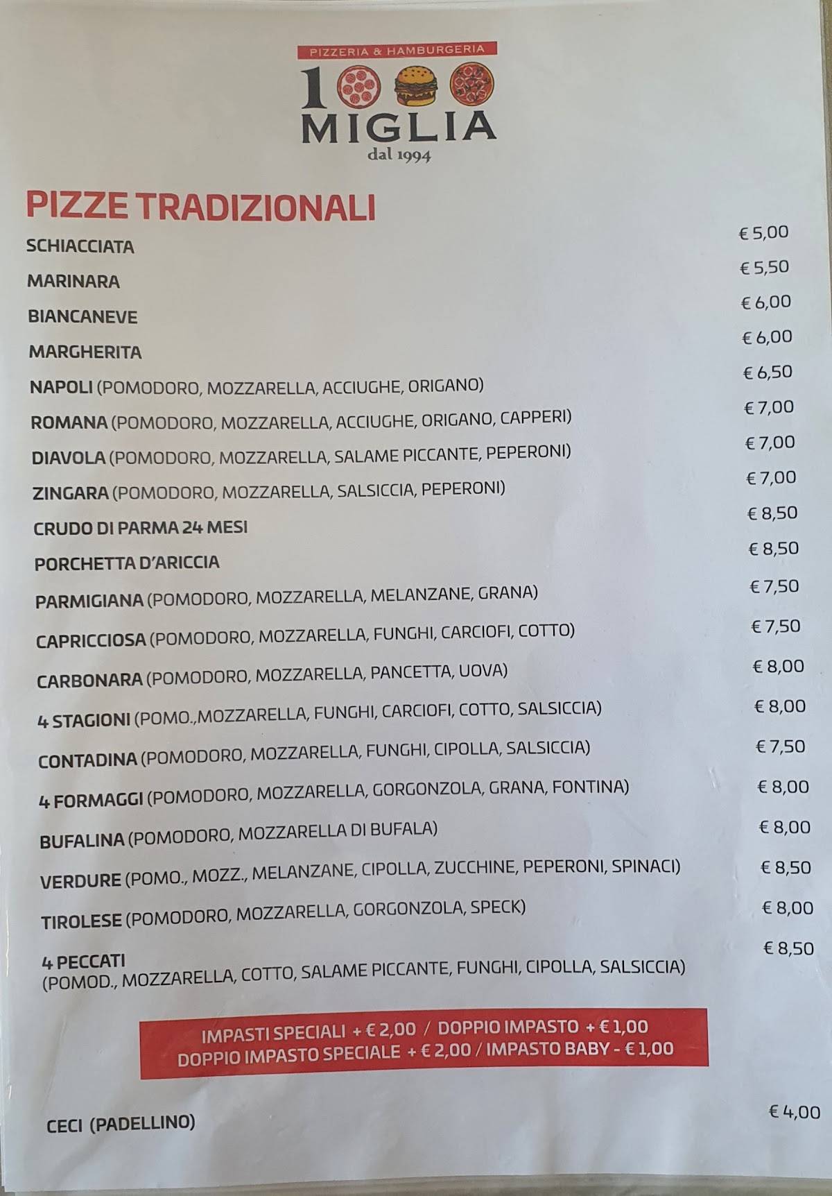 Menu da Pizzeria 1000 Miglia Creperie, Ferrara