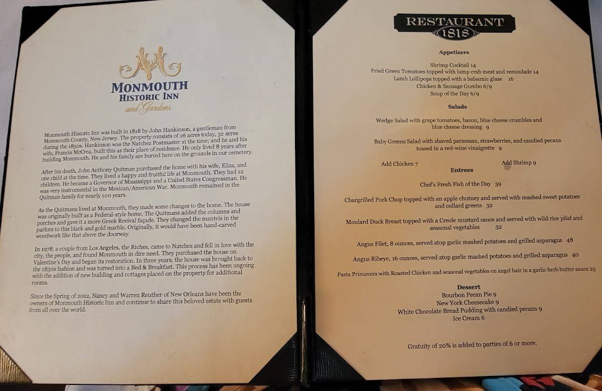Menu at Restaurant 1818, Natchez