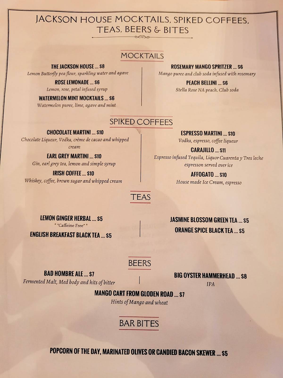 Menu at 1857 Jackson House restaurant, Dover