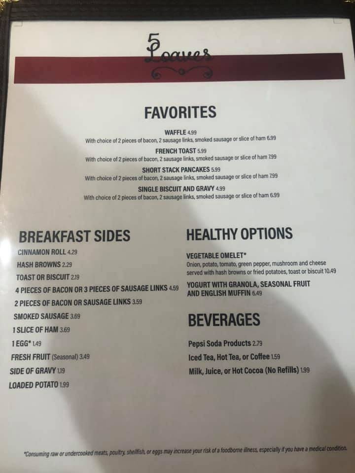 Menu at 5 Loaves Country Kitchen restaurant, McPherson