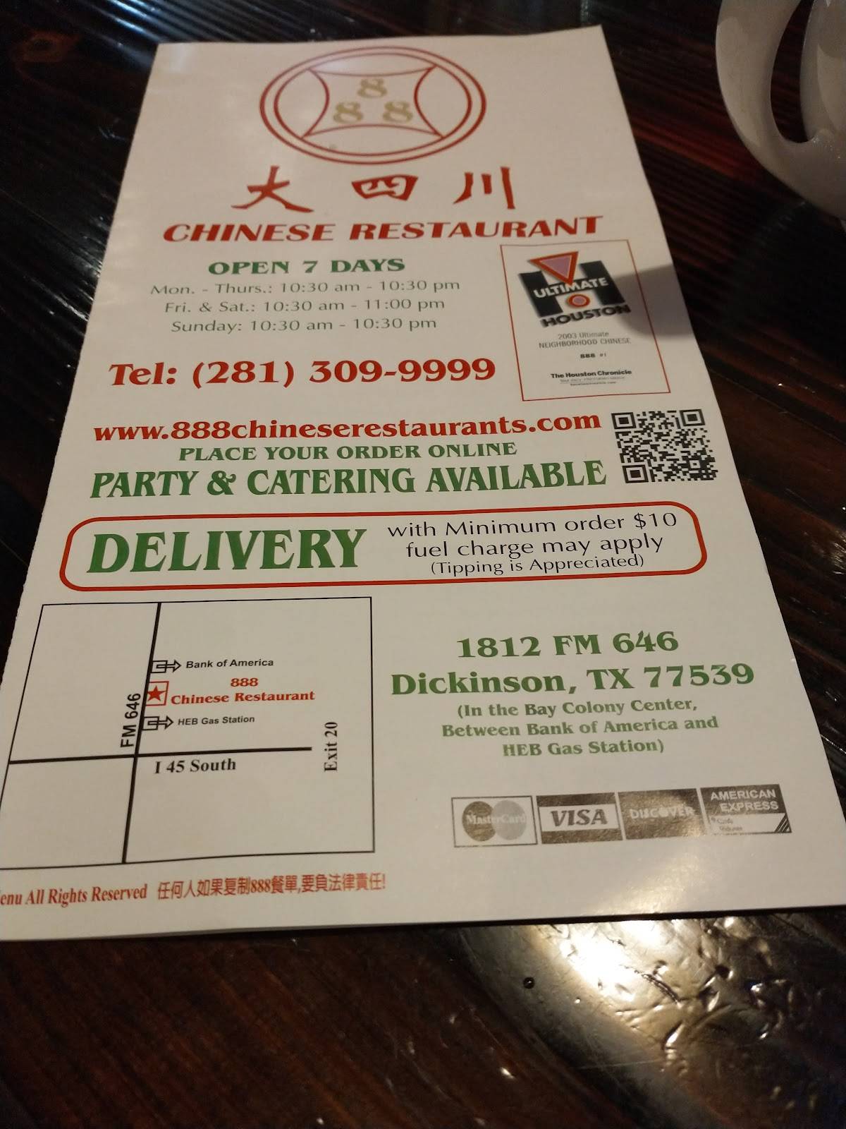 Menu at 888 Chinese Restaurant, Dickinson, FM 646 Rd