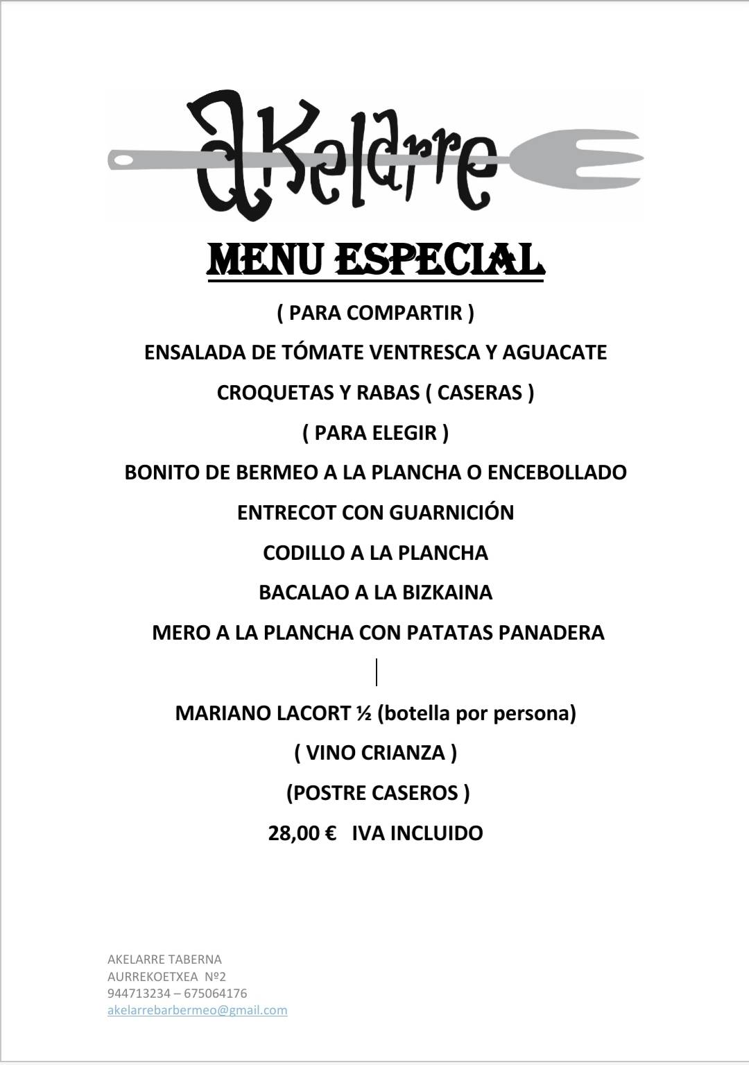 Carta del restaurante AKELARRE TABERNA, Bermeo