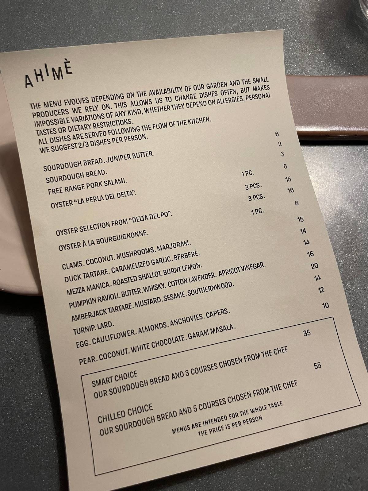 Menu at Ahimè restaurant, Bologna, Via S. Gervasio