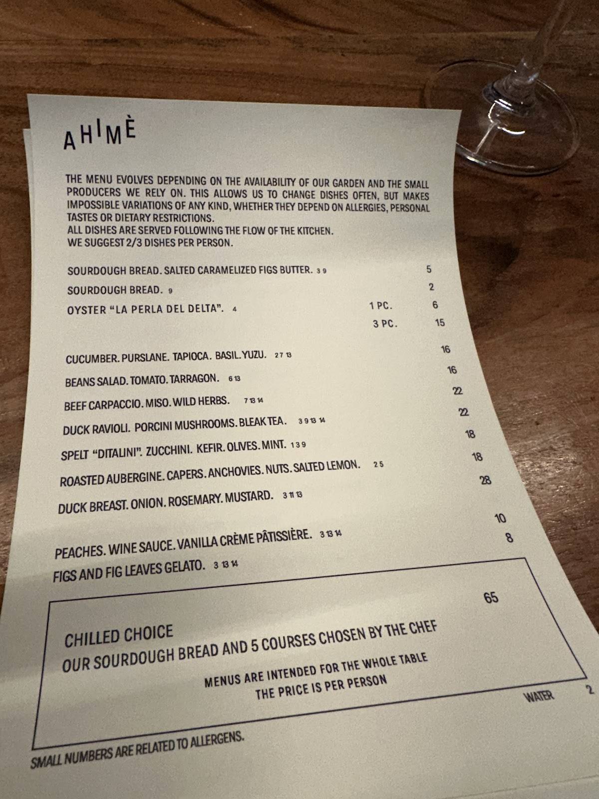 Menu at Ahimè restaurant, Bologna, Via S. Gervasio