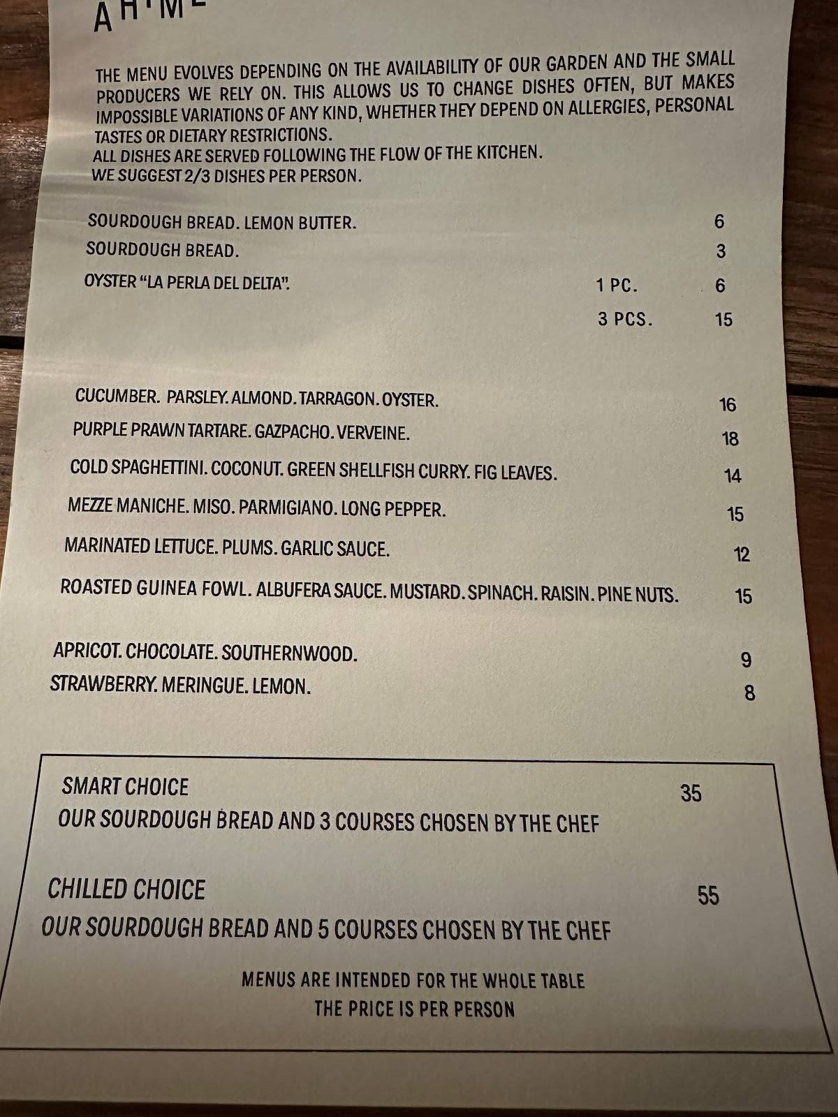 Menu at Ahimè restaurant, Bologna, Via S. Gervasio