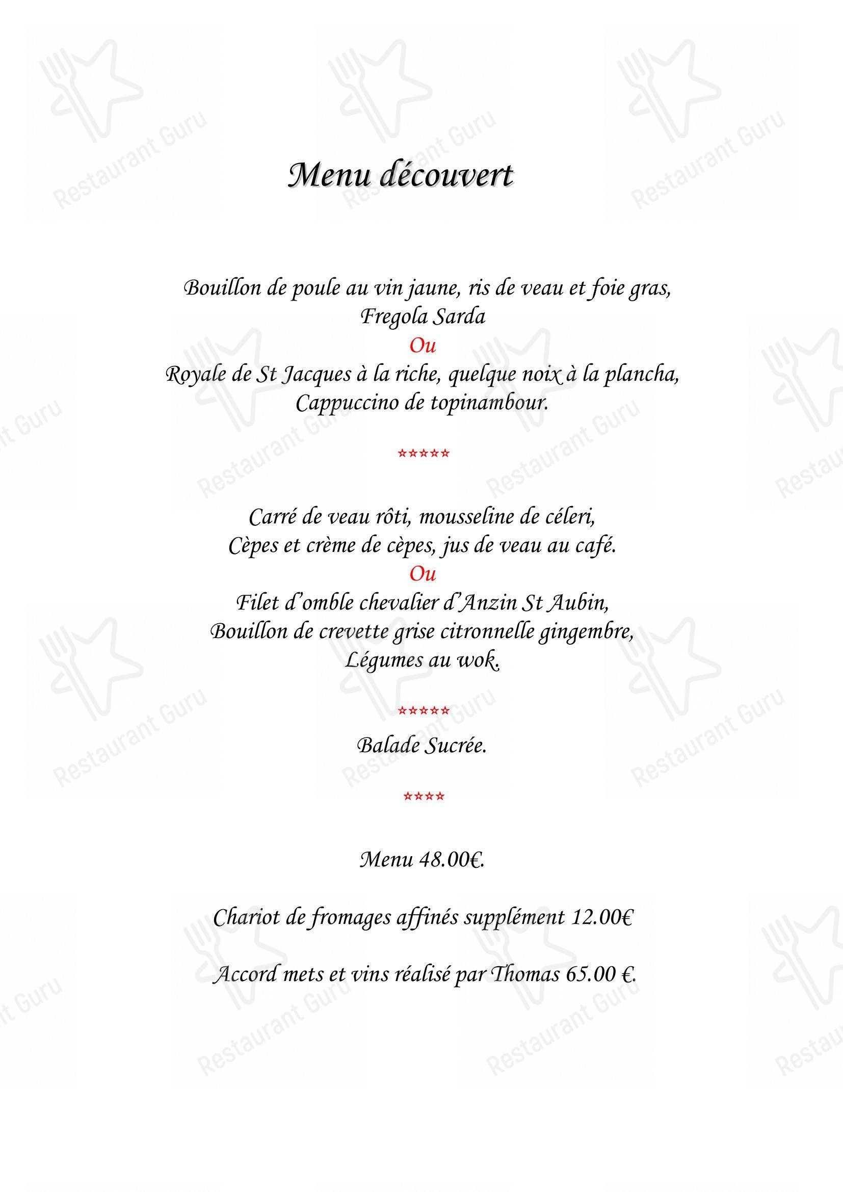 Menu au Air Accueil restaurant, Brebières