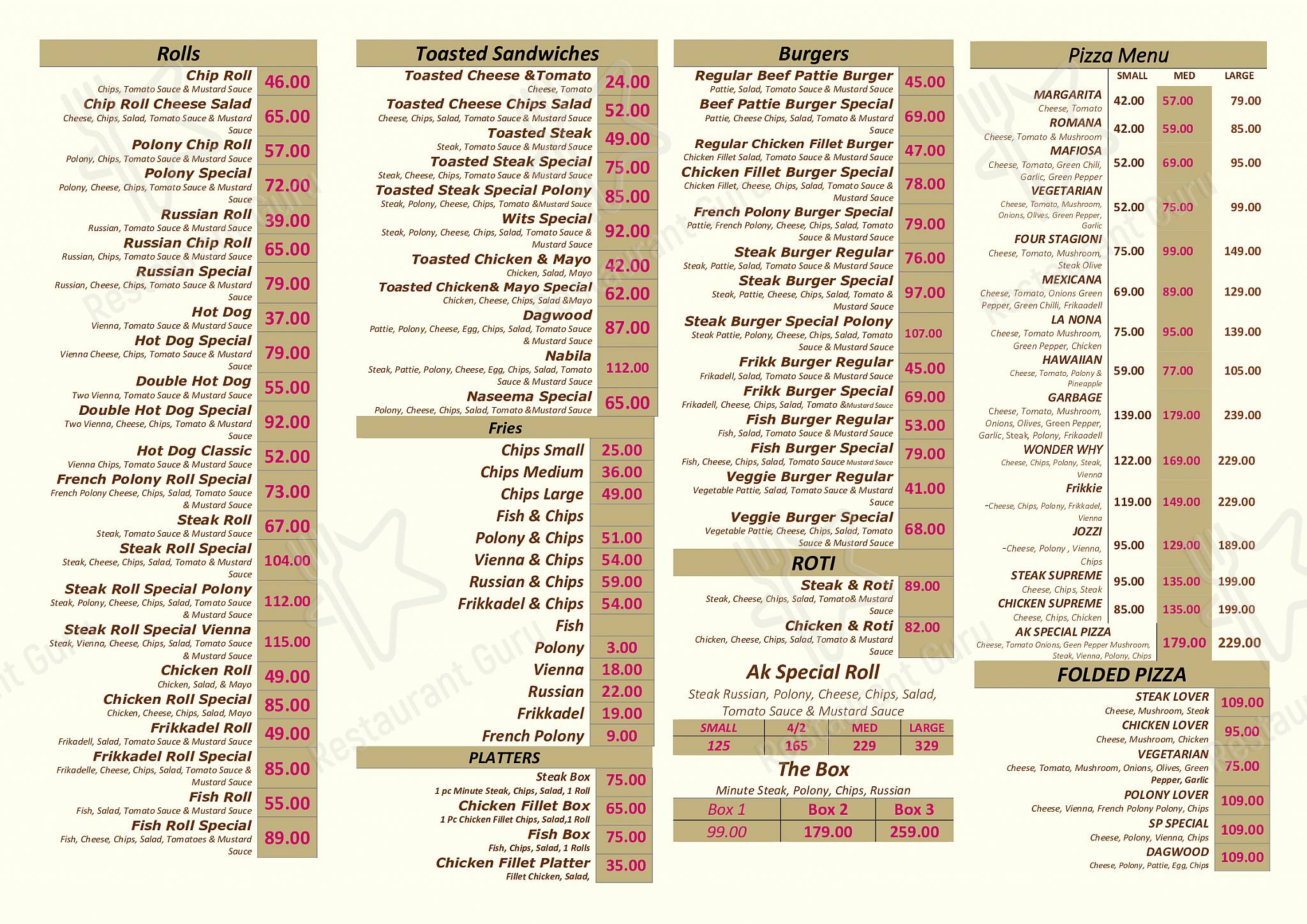 Menu at Akhalz Mayfair restaurant, Johannesburg, 100 Church St