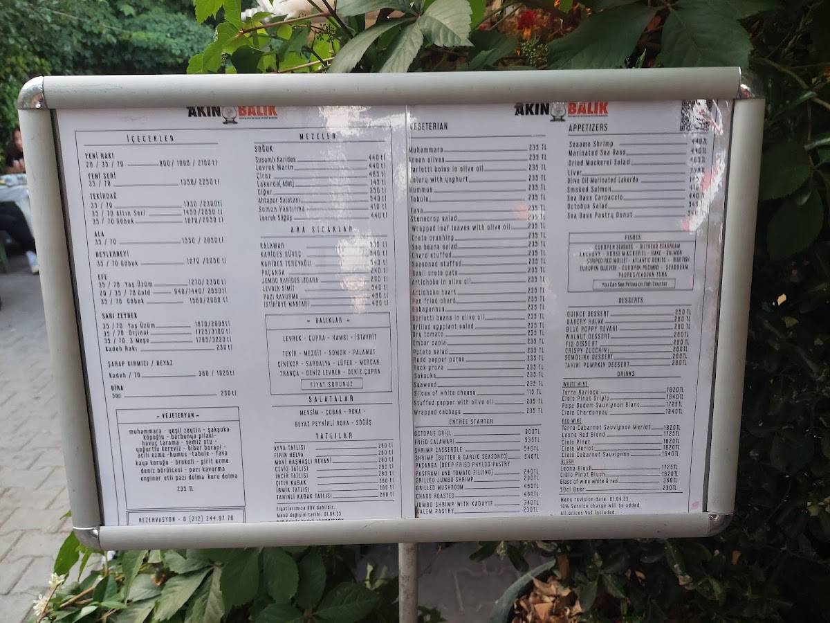 Menu at Akın Balık Karaköy, Istanbul, Fermeneciler Cd. No:40/A