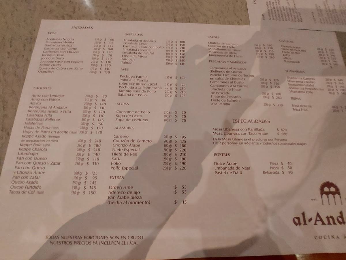 Carta del restaurante Al Andalus, Ciudad del México, Mesones 171 Nueva ...