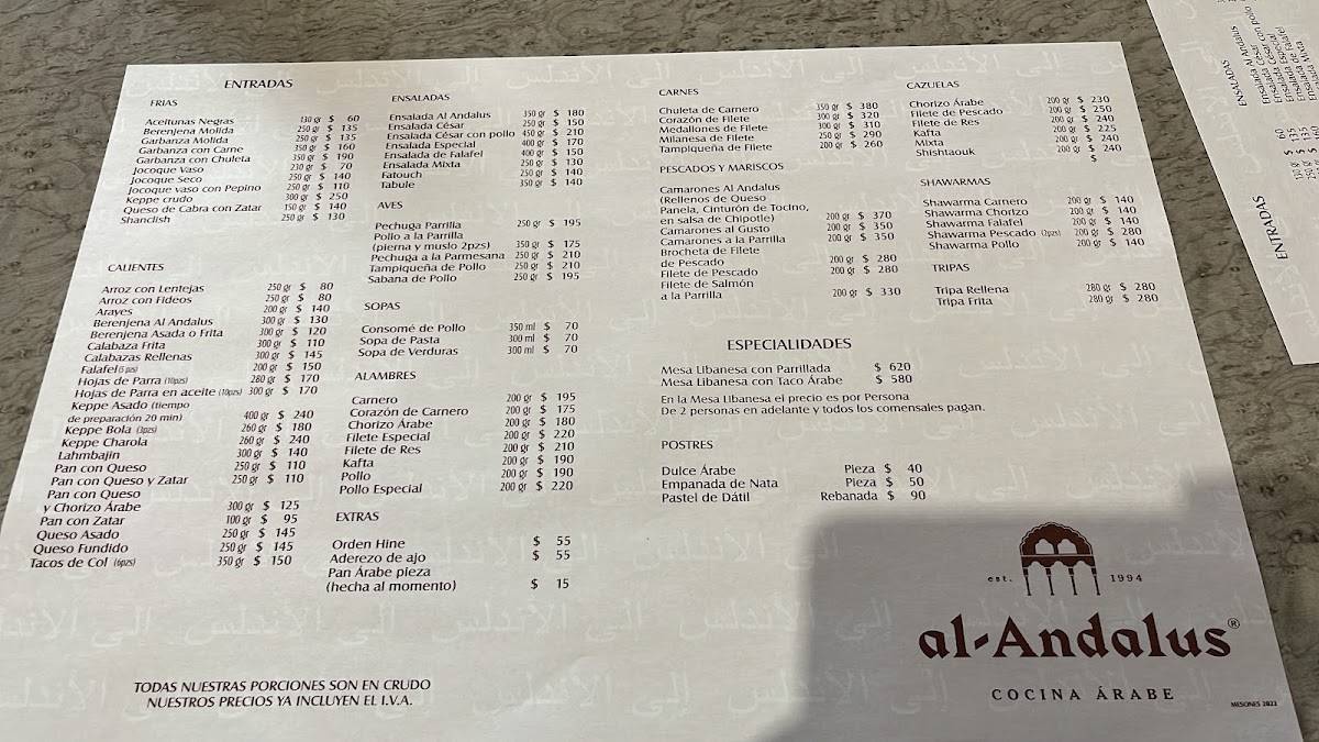 Carta del restaurante Al Andalus, Ciudad del México, Mesones 171 Nueva ...