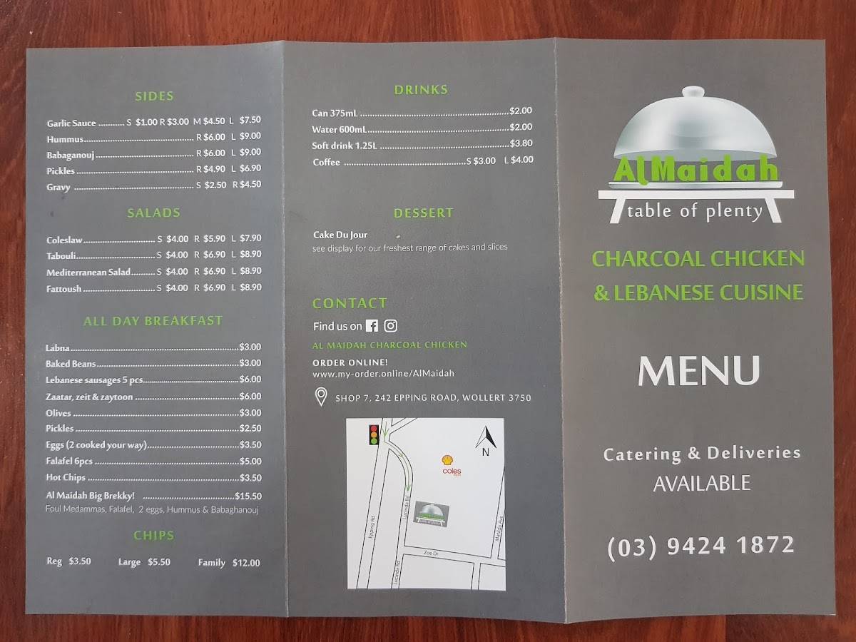 Menu at Al Maidah Charcoal Chicken and Lebanese Cuisine restaurant, Wollert