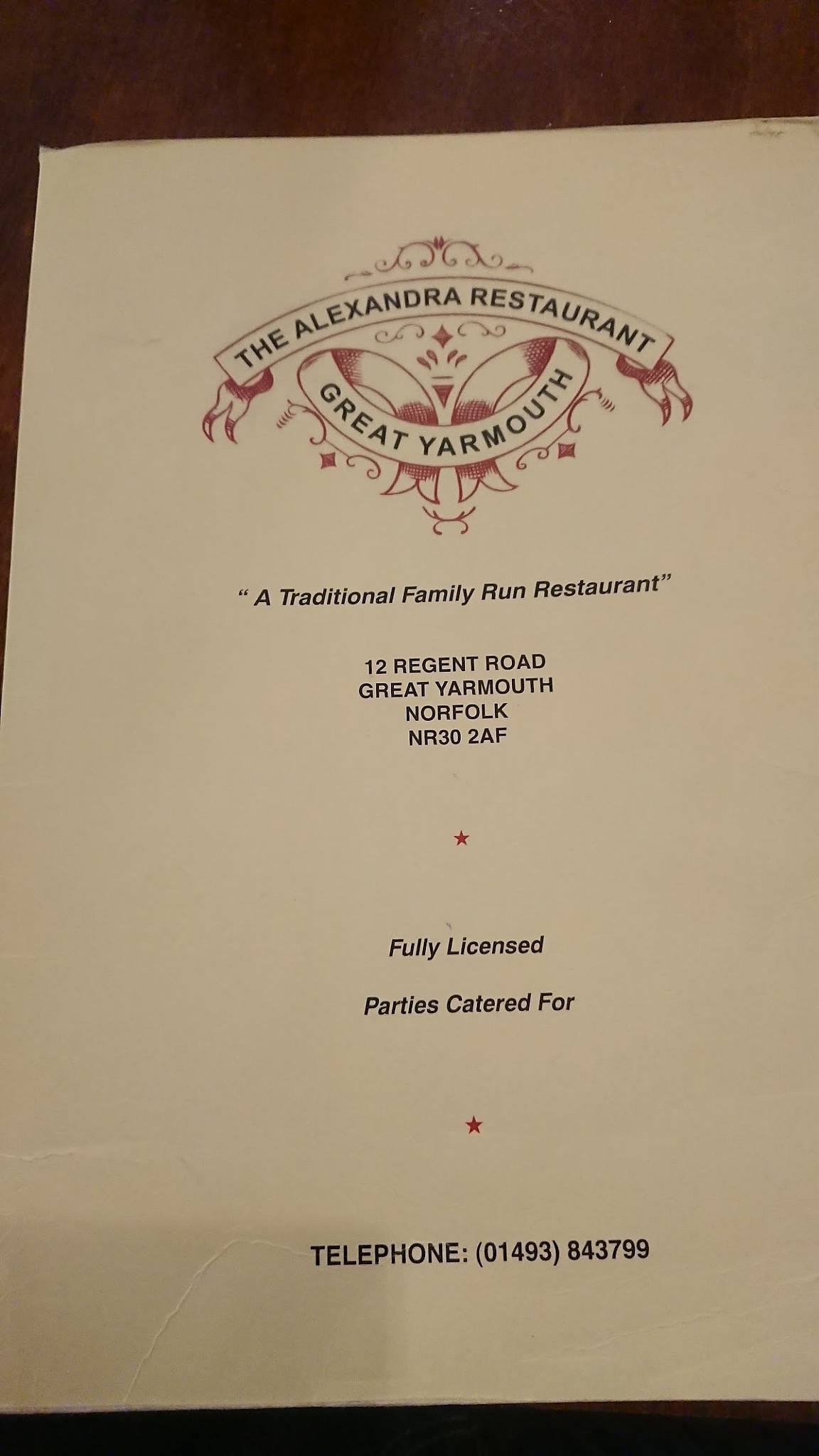 Menu at Alexandra Restaurant, Great Yarmouth