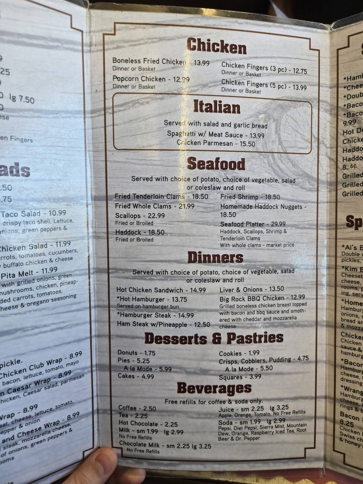 Menu at Al's Diner restaurant, Mars Hill
