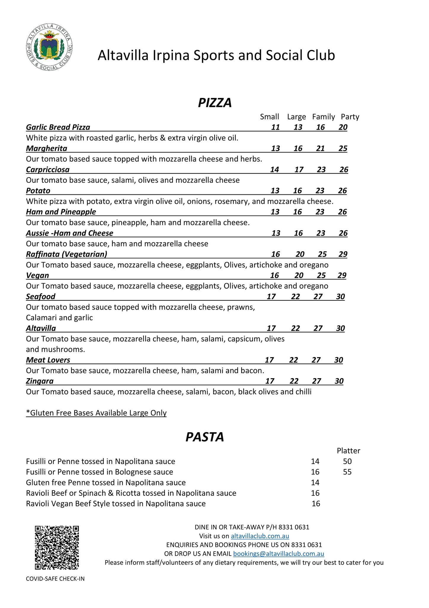 Menu at Altavilla Irpina Sports and Social Club, Beulah Park