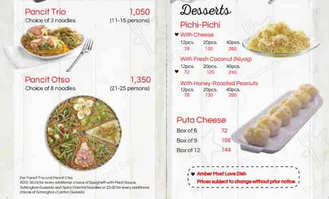 Menu at Amber restaurant, Marikina