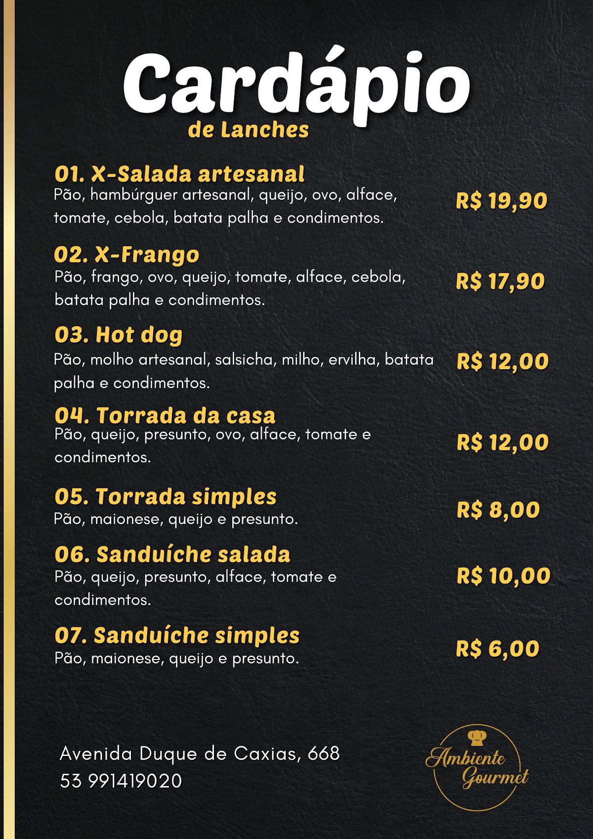 Menu em Ambiente Gourmet restaurante, Pelotas