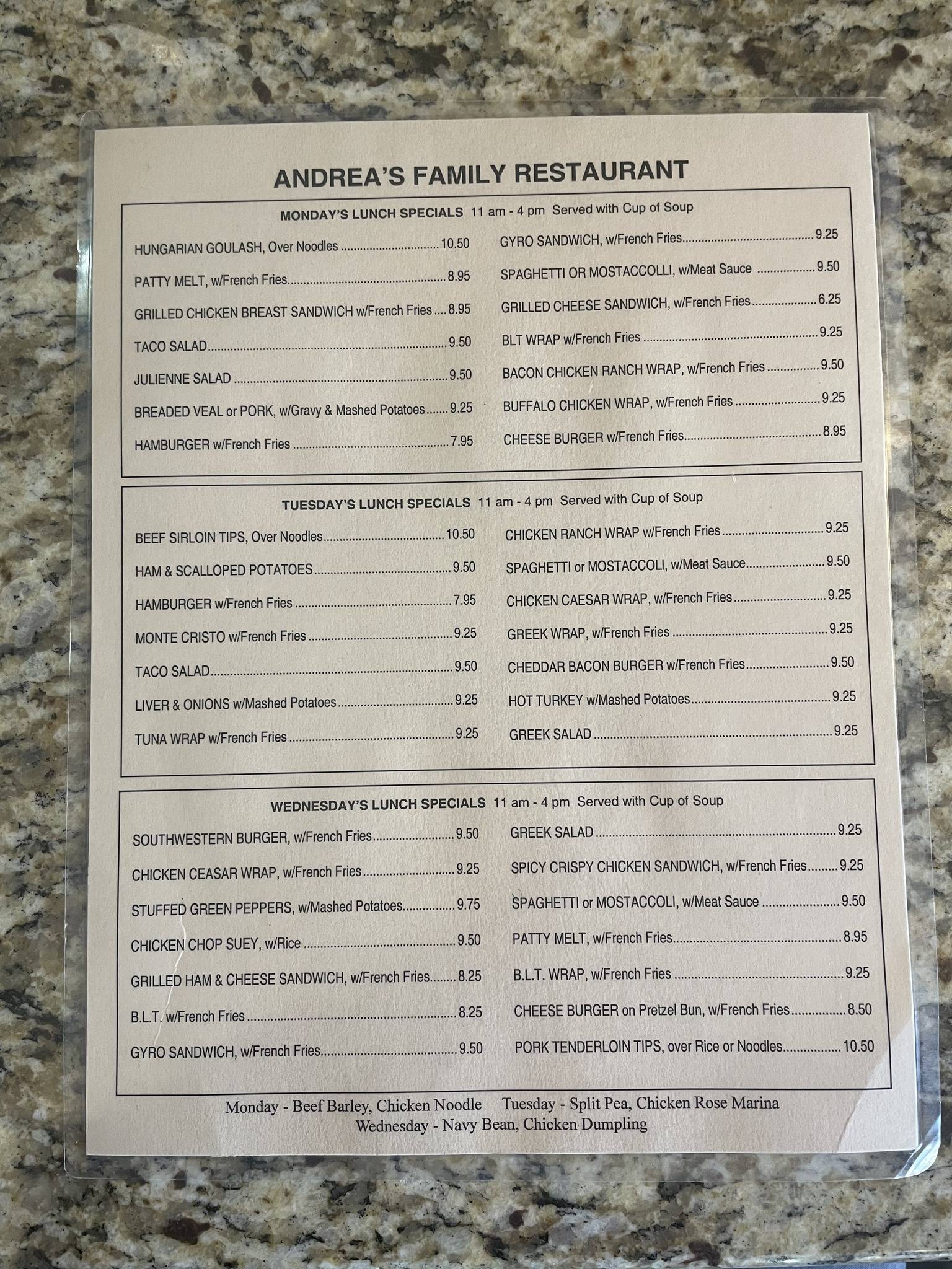Menu at Andrea’s Family Restaurant, Cudahy