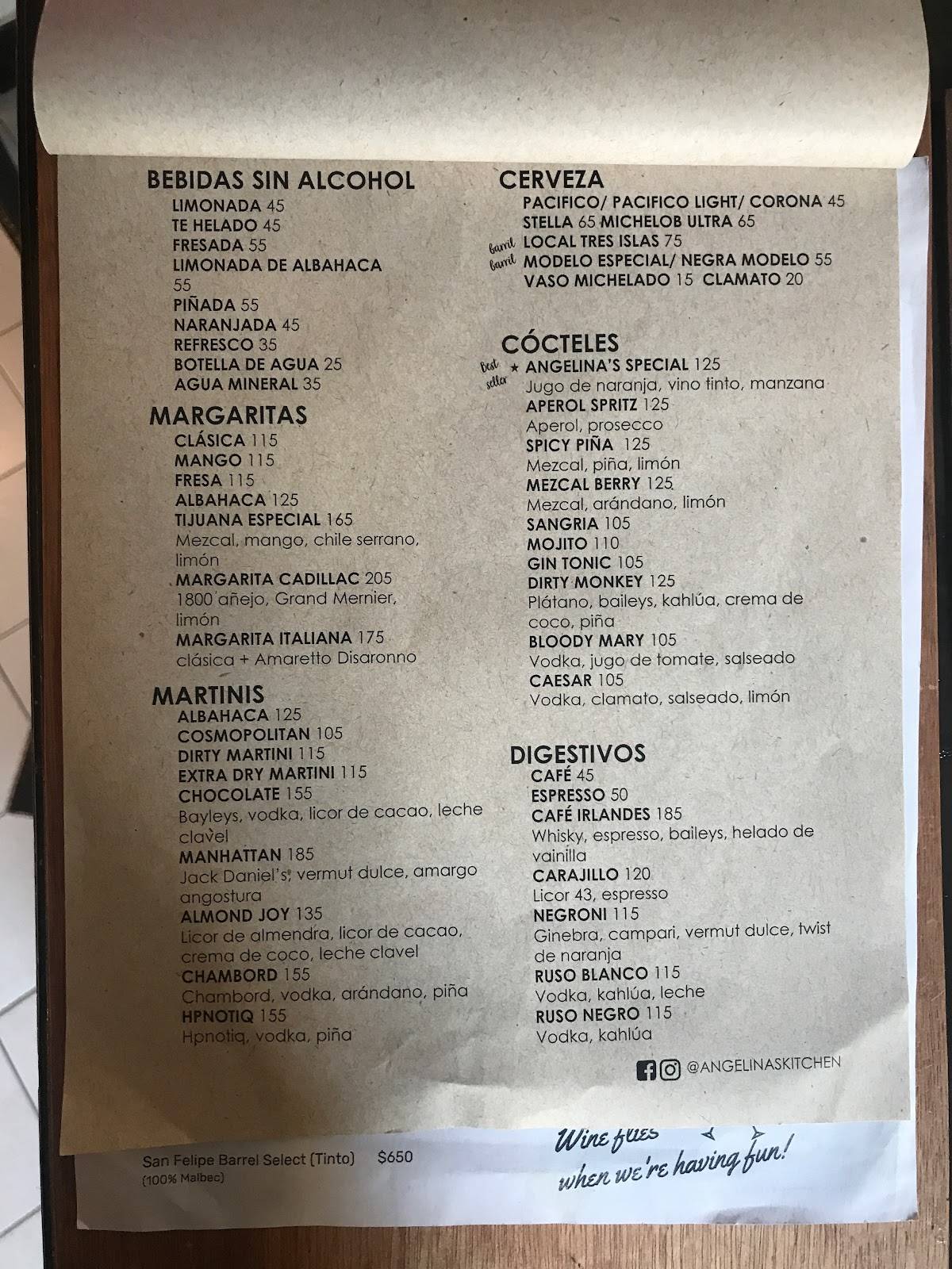Menu at Angelina's Kitchen restaurant, Mazatlán