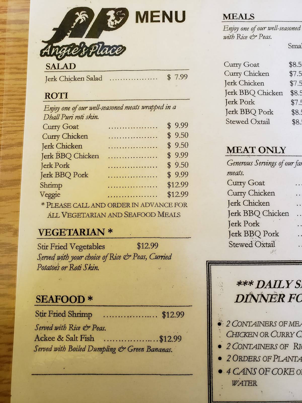 Menu at Angie's Place Canadian Caribbean Eatery restaurant, Stayner