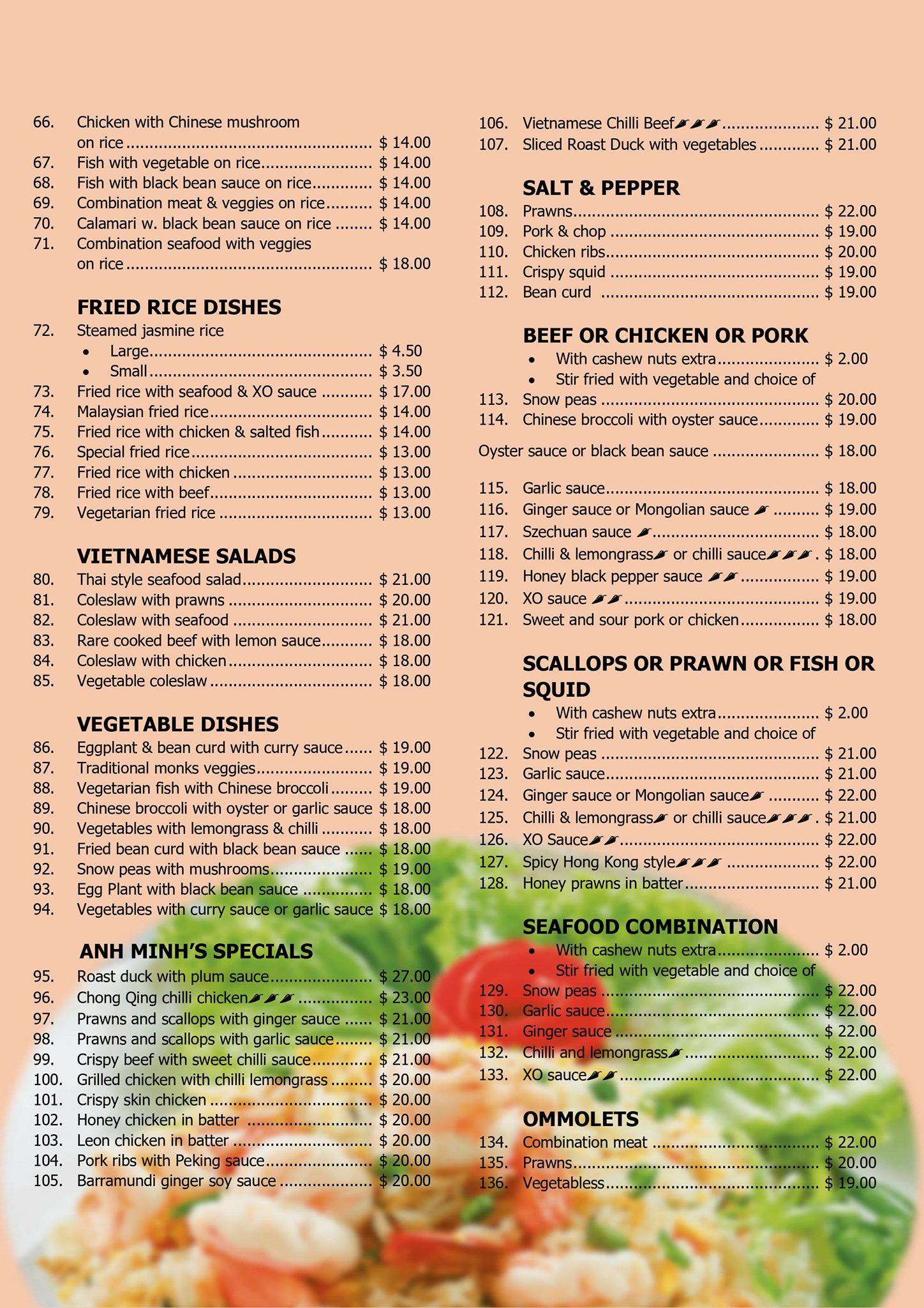 Menu at Anh Minh restaurant, Brunswick East
