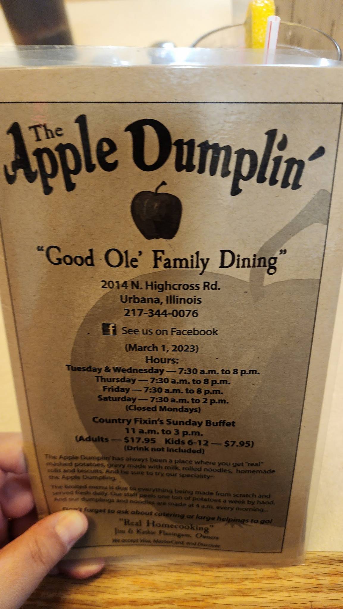 Menu at Apple Dumpling restaurant, Urbana