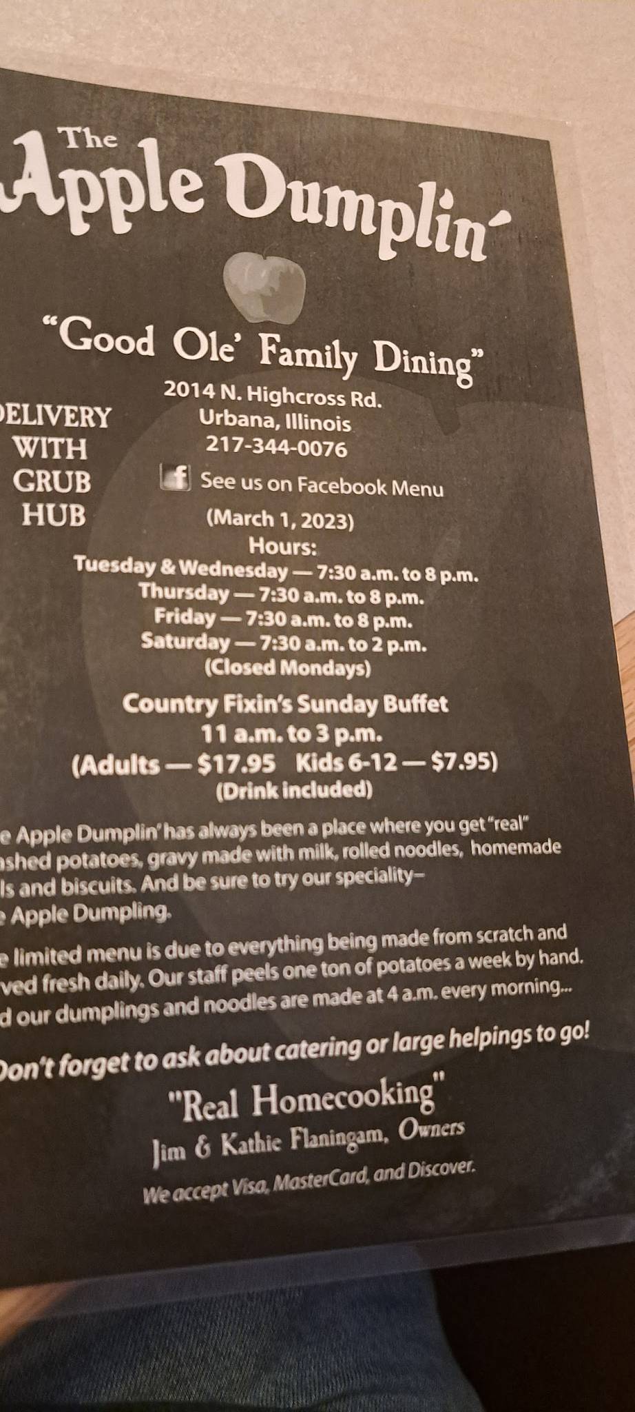 Menu at Apple Dumpling restaurant, Urbana