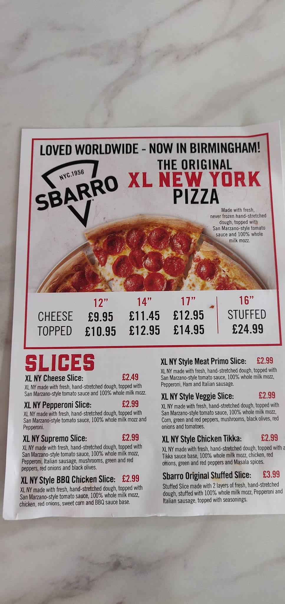Menu at SBARRO Armada, Birmingham