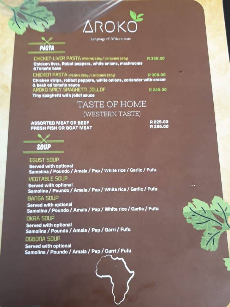Menu at Aroko restaurant, Cape Town