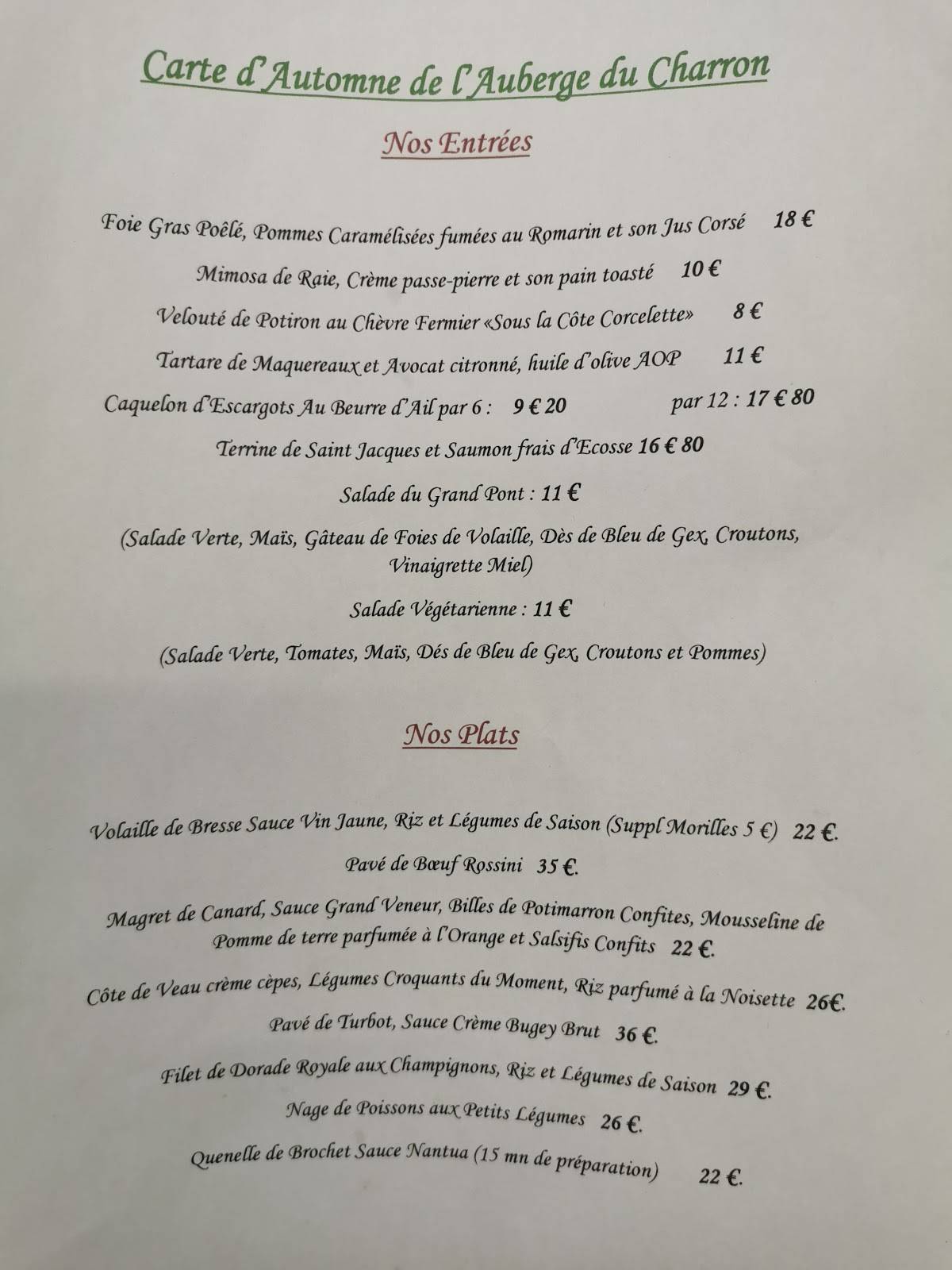 Menu au Auberge du Charron restaurant, Montréal-la-Cluse