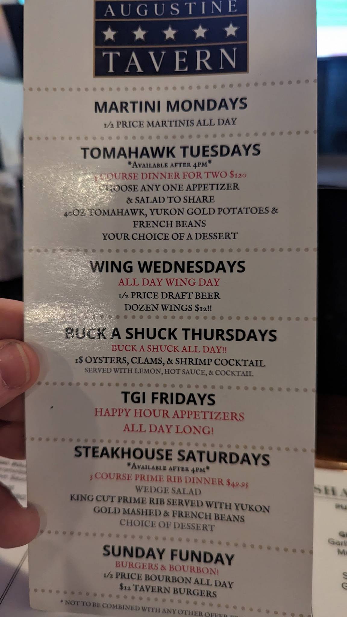 Menu at Augustine Tavern restaurant, Port Penn