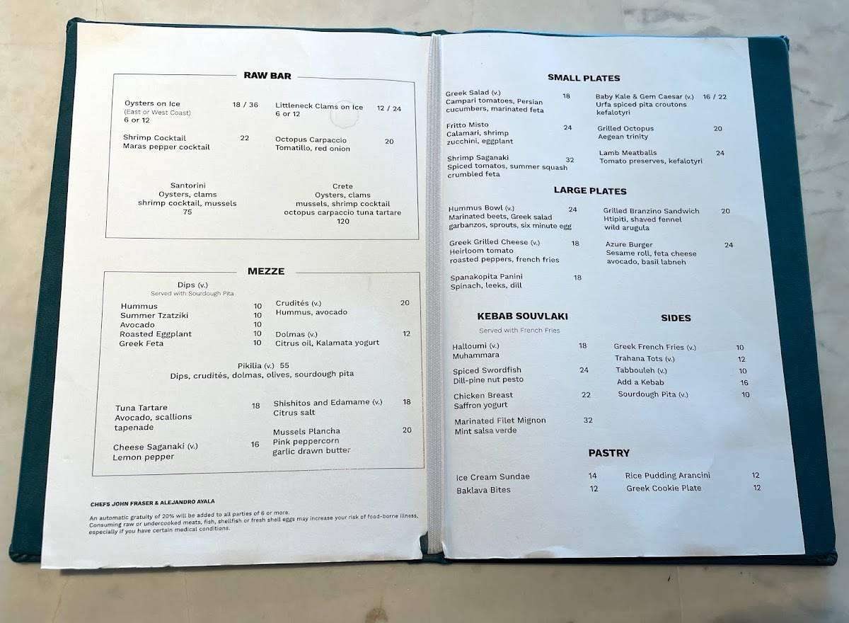 Menu at Azure at EDITION restaurant, Tampa